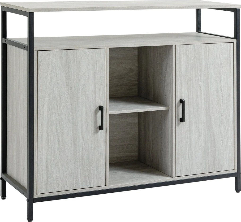 HOMCOM Moderní dřevěný kredenc se 2 skříňkami a policemi, světle šedý kuchyňský a vstupní kabinet, 100x34x87,2cm | Aosom