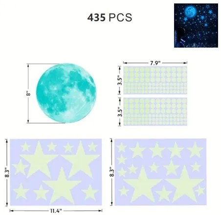 Samolepky na zeď - svítící měsíc s hvězdami Varianta: set F - malý modrý měsíc + hvězdy, 435ks