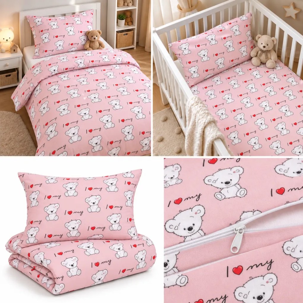 Povlečení bavlněné dětské Medvídci růžové TiaHome - Detský set 130x90cm + 65x45cm