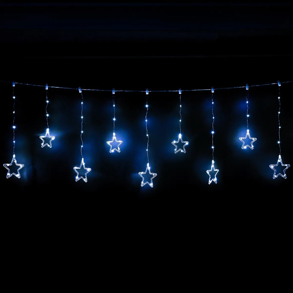 Světelný venkovní závěs Stars, 200x60cm, LED, studená bílá, časovač, 8 funkcí, na baterie, 200 cm