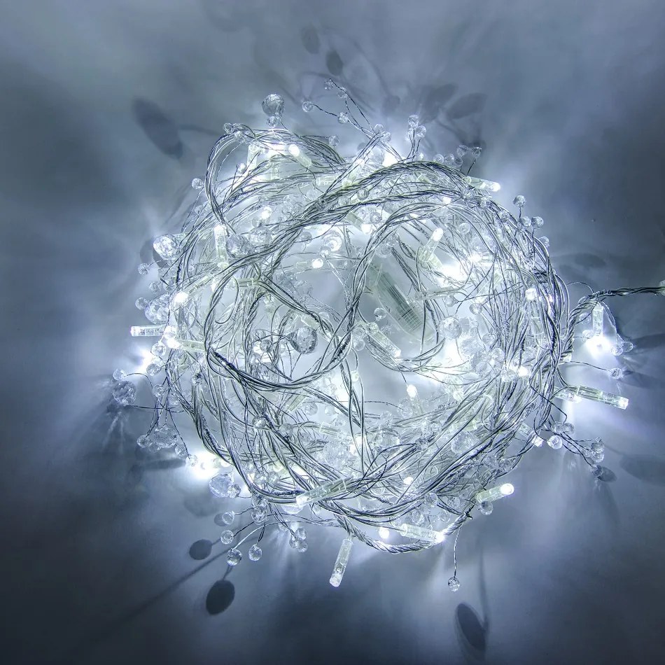 Eco Fix LED světelný řetěz, venkovní s krystalky, ledově bílá s FLASH, 8 m, 80 diod, čirý kabel, IP44, 24V