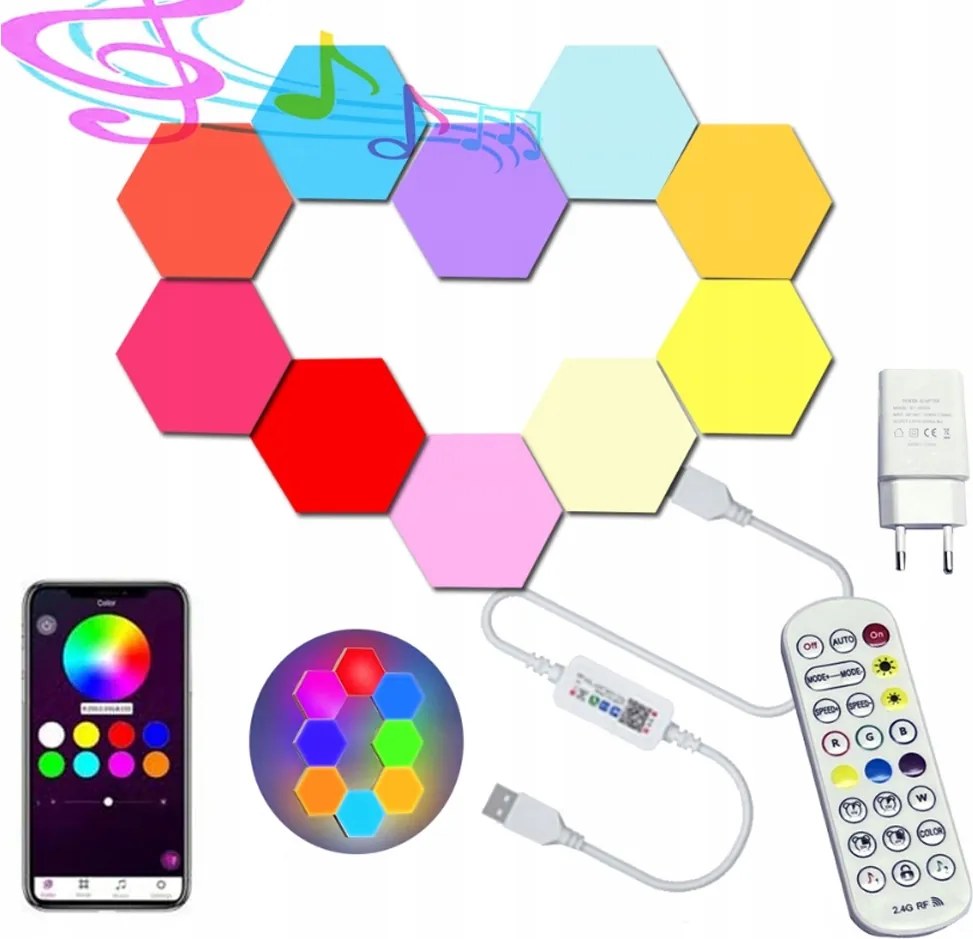 10 X Nástěnné Svítidlo Šestiúhelník Rgb Led Náladové Světlo Ve Hře +dálkový Ovladač