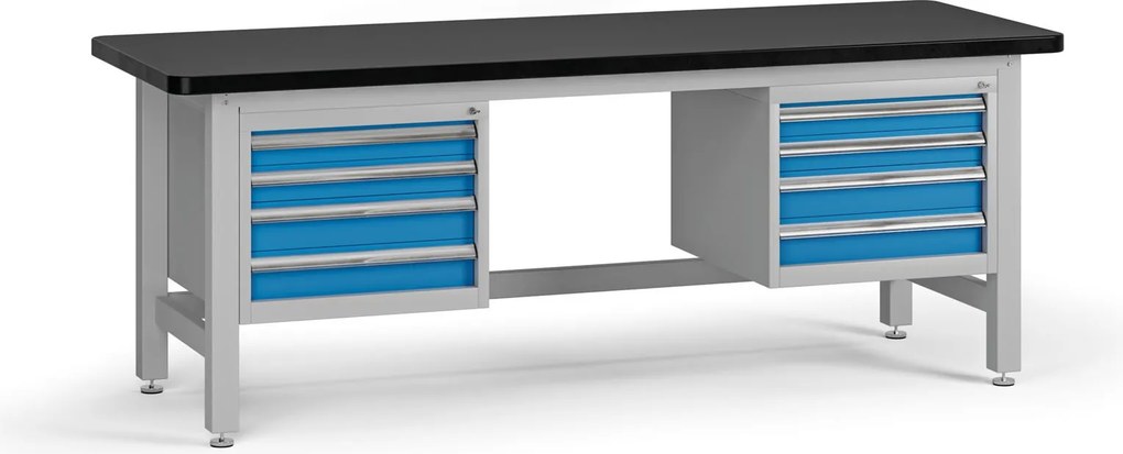 Pracovní stůl do dílny G4 se 2 závěsnými boxy na nářadí, MDF + PVC deska, 8 zásuvek, 2100 x 750 x 800 mm, modrá