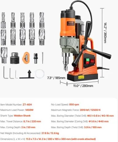 Magnetická vrtačka 1450 W 12500N Přenosná vrtačka Mag 850RPM