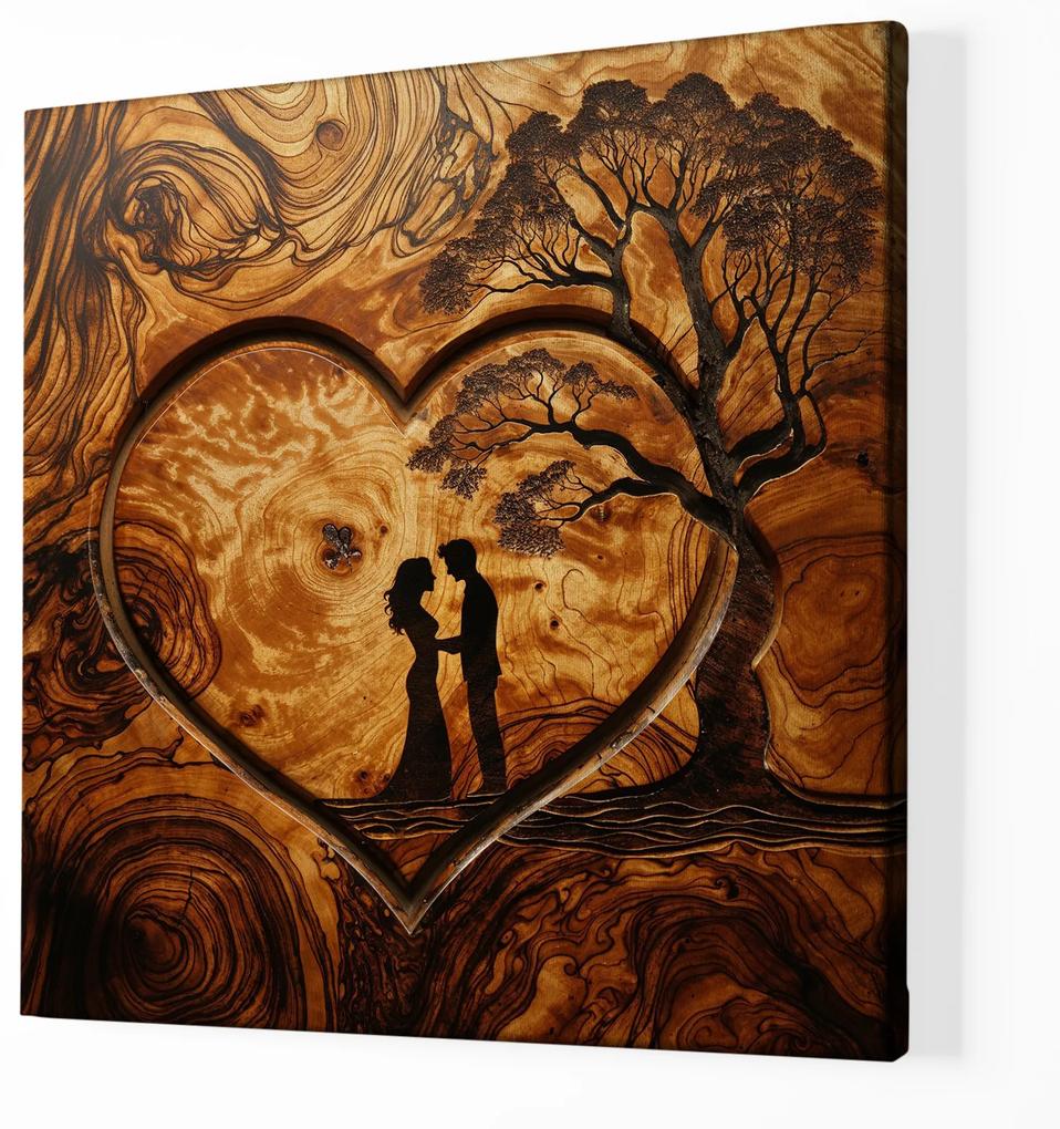 Obraz na plátně - Milenci v srdci a strom života, dřevo styl FeelHappy.cz Velikost obrazu: 60 x 60 cm