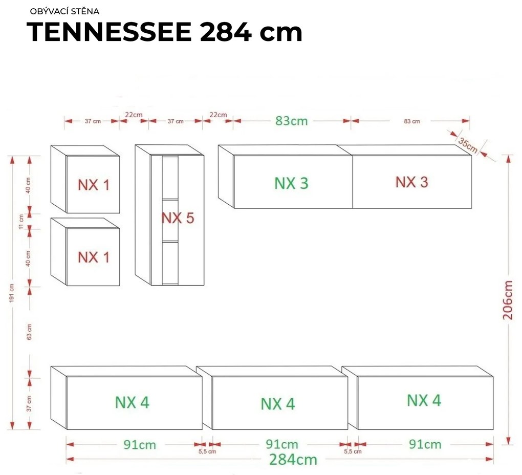 Ral Obývací stěna TENNESSEE 6, 284 cm - Bílo/černý lesk