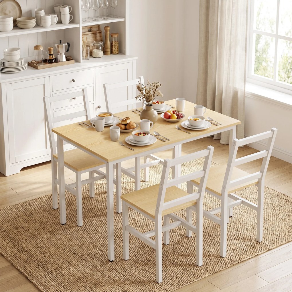 HOMCOM jídelní set se 4 židlemi, obdélníkový stůl 108 cm, židle s latkovým opěradlem, dub a bílá