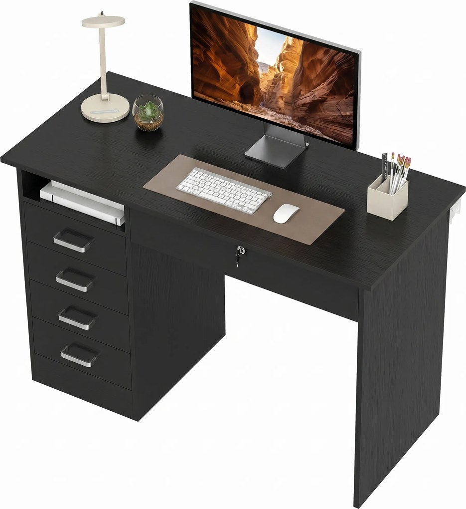 HOMCOM Moderní psací stůl s 5 zásuvkami, velkou pracovní plochou, 1 otevřenou přihrádkou, zamykatelnou zásuvkou, 110 x 50 x 76 cm, černý