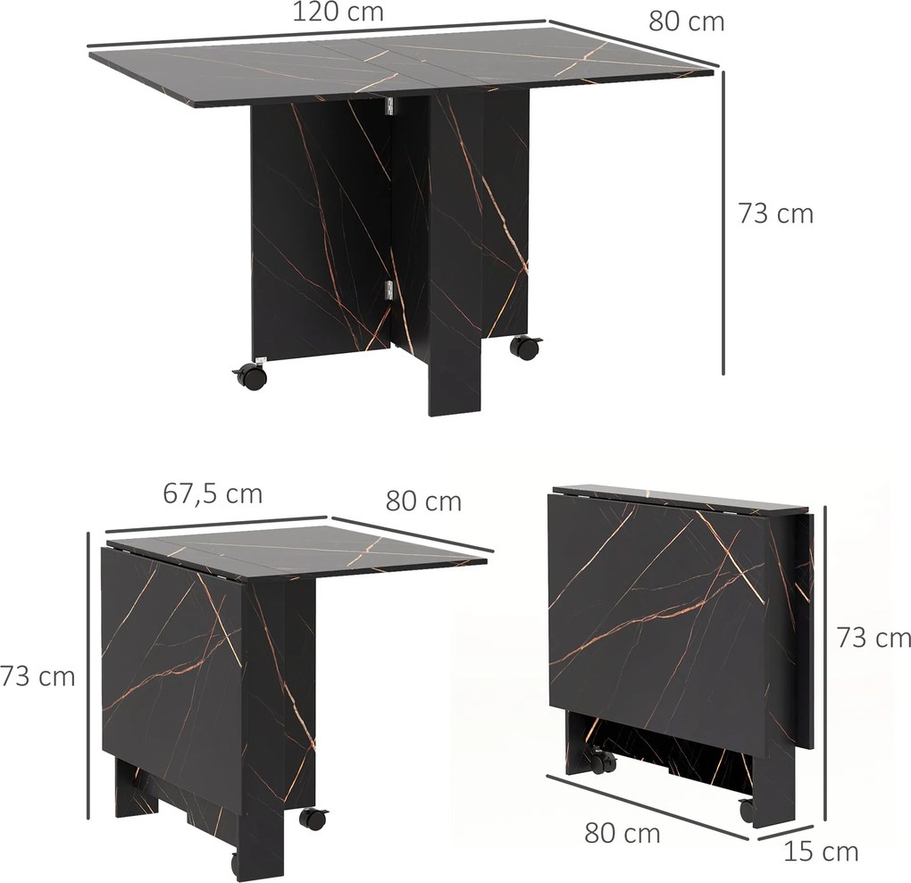 Skládací kuchyňský stůl HOMCOM, skládací jídelní stůl se 2 skládacími deskami, 2 kolečky s brzdami, pro 6 osob, nosnost 20 kg, 120 x 80 x 73 cm, imit…