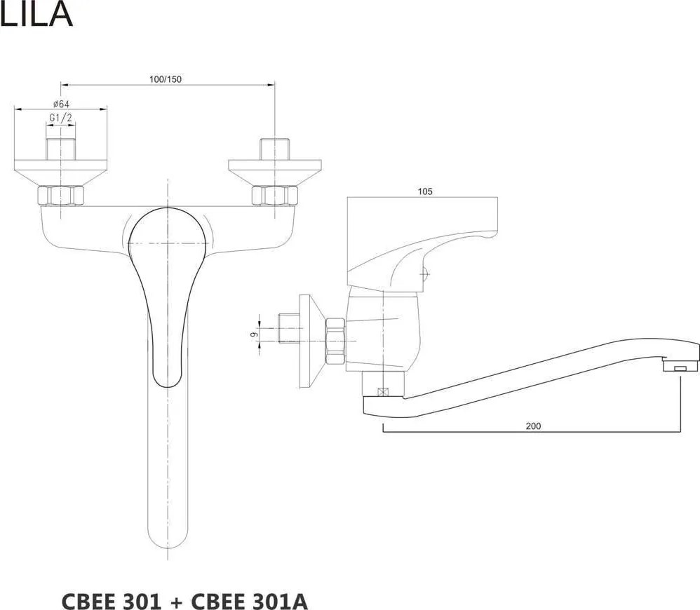Mereo Mereo, Dřezová nástěnná baterie, Lila, s ramínkem plochým vyhnutým 180 mm, chrom, MER-CBEE301A05