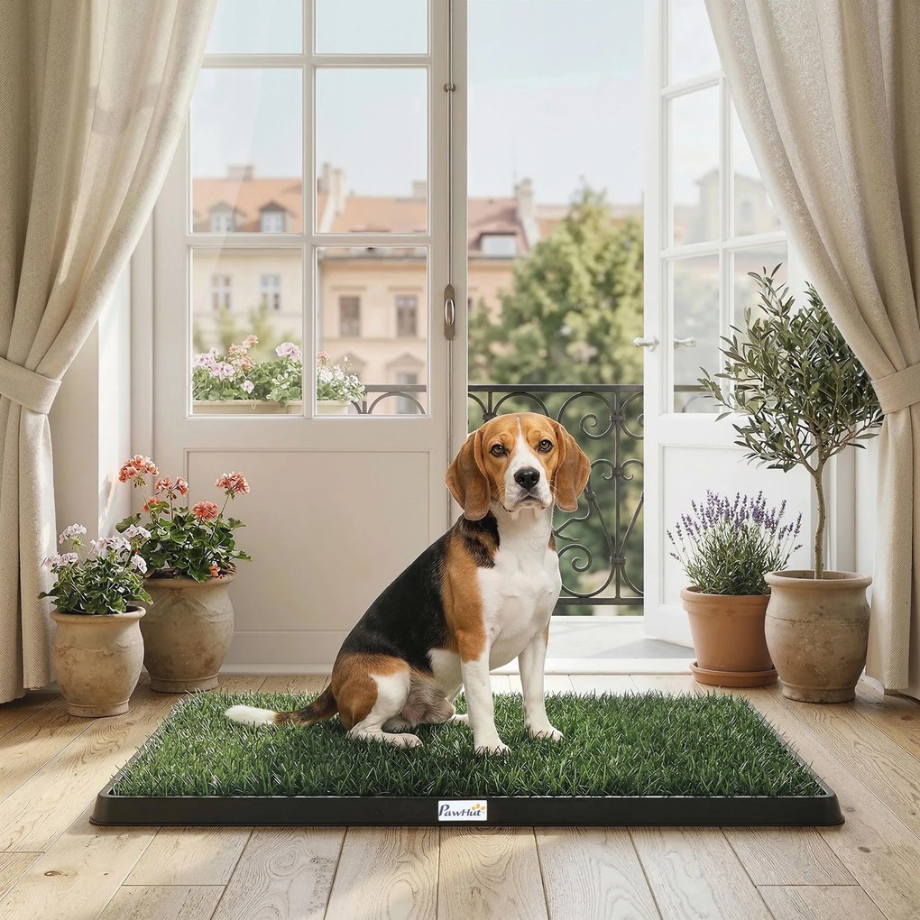 PawHut Záchod pro psy 76 x 50,5 cm Záchod pro psy se 2 umělými trávníky omyvatelný Záchod pro štěňata pro psy na balkón doma Černá+Zelená