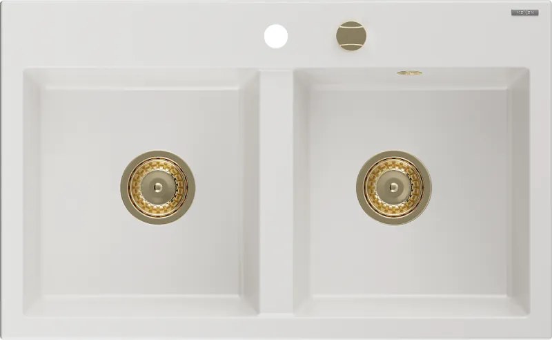 Mexen Hektor, 2-komorový granitový dřez 800x480x205 mm, bílá, zlatý sifon, 6521802000-20-G