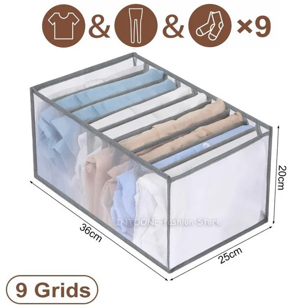 Šatní organizér transparentní (20x25x36 cm) Barva: Šedá, Velikost: 9 přihrádek