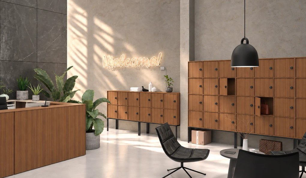 Kancelářská skříň FRAME, 6x dveře, prostor pro TV, 1299 x 450 x 2162 mm, RFID zámek, ořech