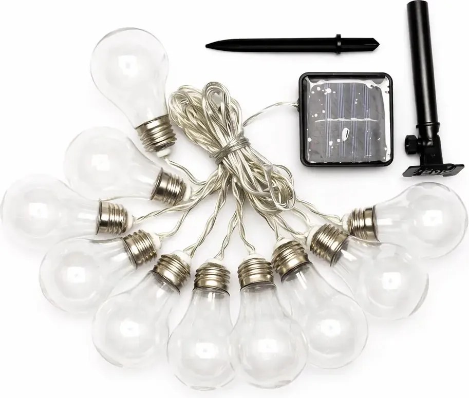 LED party girlanda solární, 5 m, venkovní, teple bílá, 10 diod, průhledné baňky, čirý kabel, IP44
