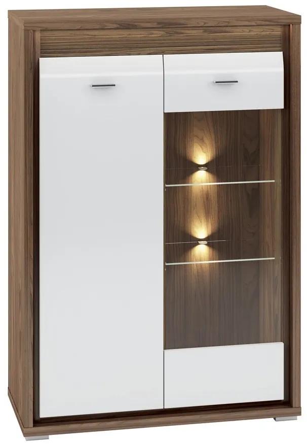 Casarredo - Komfort nábytek Komoda s vitrínou NATANS 2-dveřová s LED osvětlením, ořech/bílá lesk