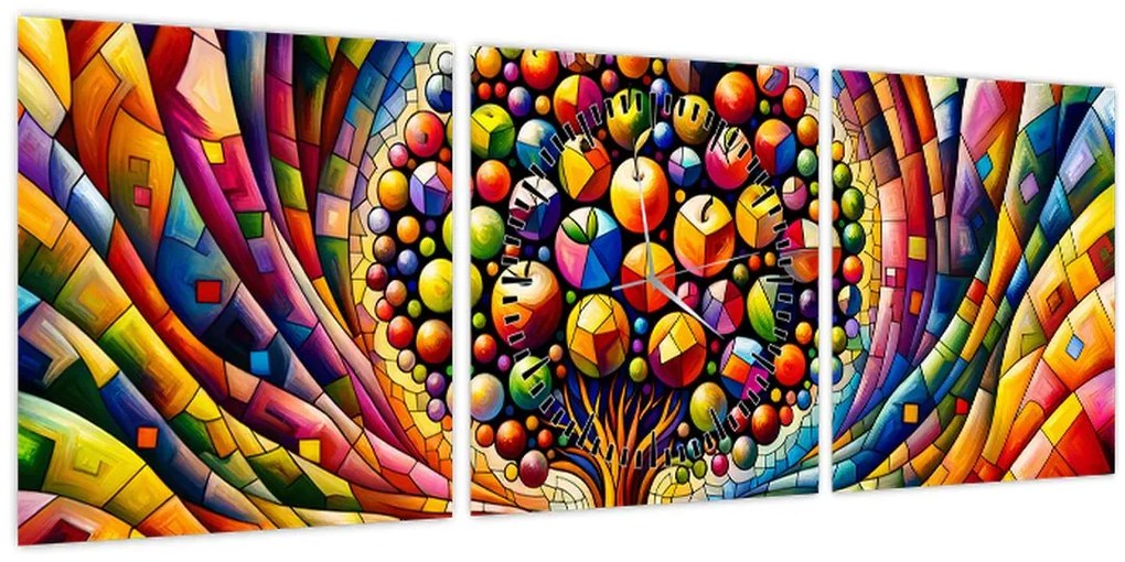 Obraz - Barevný strom s jablky (s hodinami) (90x30 cm)