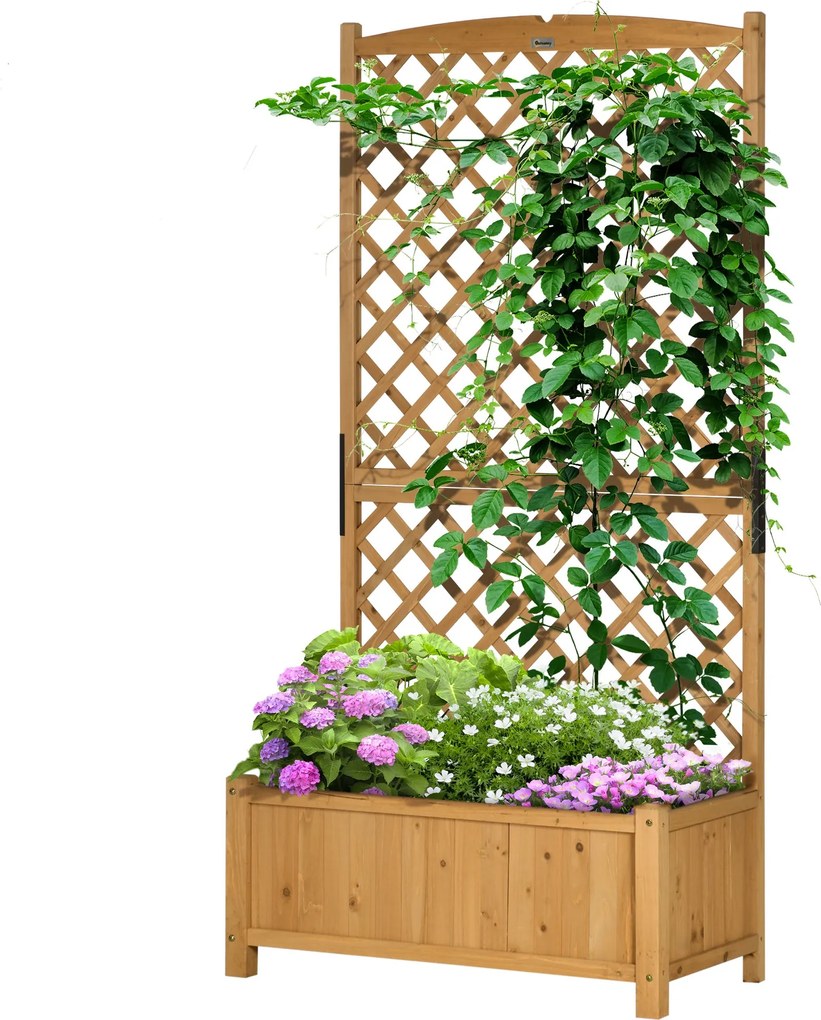 Zahradní záhon Outsunny s treláží a květináčem pro popínavé rostliny, květinová kultivace pro venkovní terasu, balkon 90x45x180 cm, přírodní dřevo | A