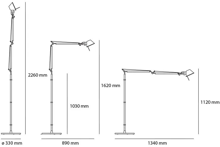Artemide Tolomeo Floor LED, stojací lampa pro čtení se stmívačem, 12W LED 3000K, hliník, výška max 226cm