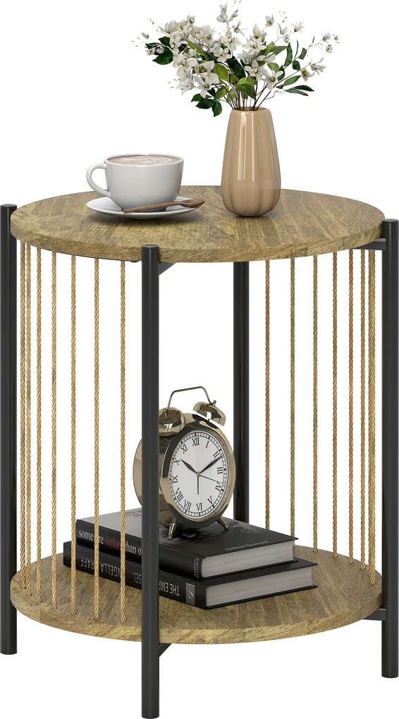 HOMCOM kulatý odkládací stolek se 2 patry a kovovou konstrukcí do obývacího pokoje nebo ložnice 43,5x43,5x51 cm, přírodní
