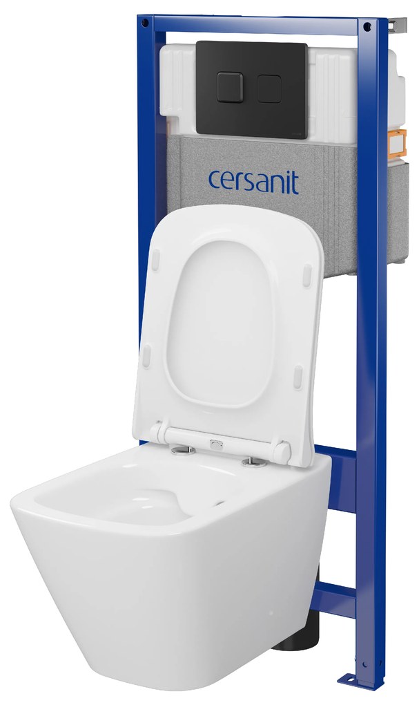 Cersanit City, System50 PNEU podomítkový rám + závěsná wc mísa City Square CleanOn + černé tlačítko Circle, S701-777