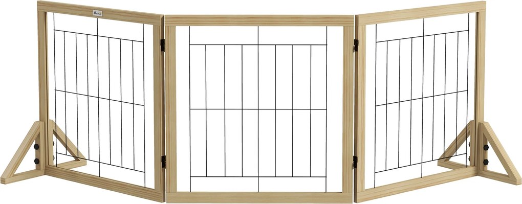 PawHut Dřevěná bariéra pro psy 210x70 cm Skládací brána se 3 panely, oboustranným sklápěním a trojúhelníkovými podpěrnými nohama - Přírodní dřevo | Ao