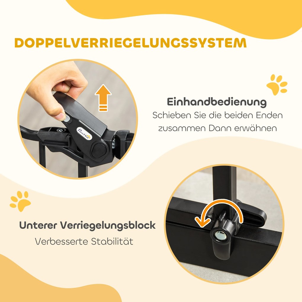 Dveřní mříž PawHut pro psy s dvojitým zámkem, nastavitelná délka 74-80x104cm, automatický zámek dveří, montáž bez vrtání, černá