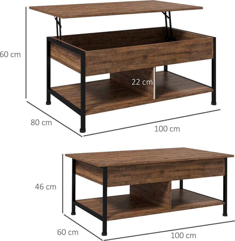 HOMCOM Konferenční stolek s výklopným víkem - Dolní police, úložný box - rozměr 100L x 80W x 60H cm - rustikální černý dřevěný vzhled