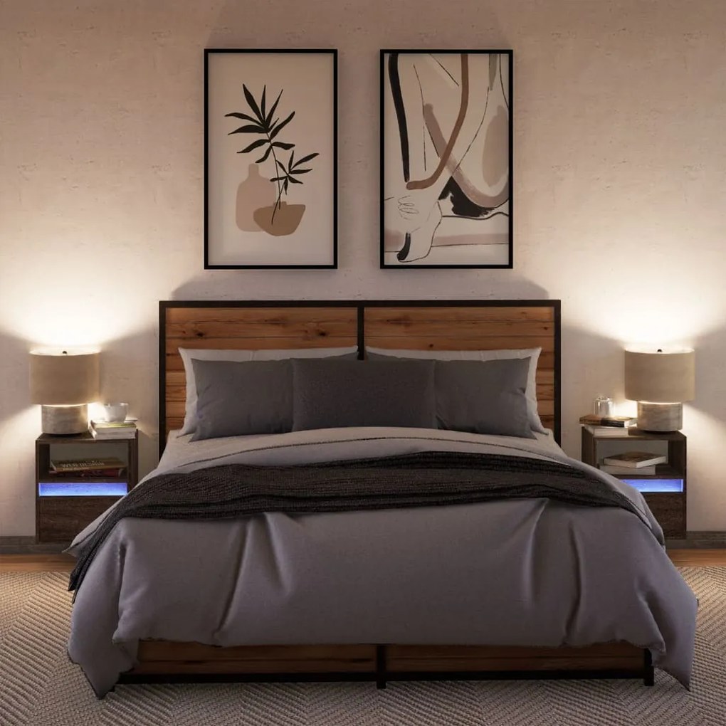Nástěnné noční stolky s LED osvětlením 2 ks hnědý dub 3307988