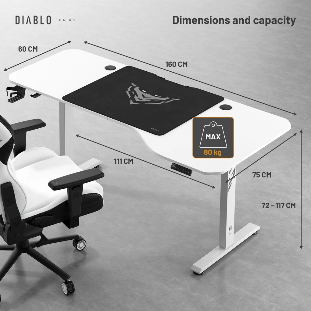 Výškově Nastavitelný Pracovní Stůl Diablo X-Tensio 1600 Bílý