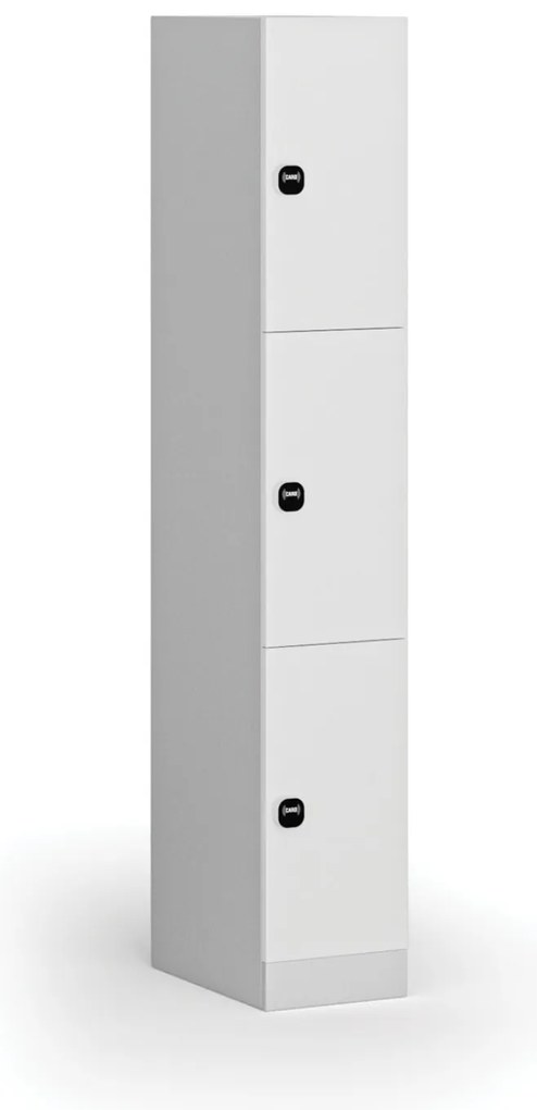 Šatní skříňka S1 s úložnými boxy, 3 boxy, 1850 x 300 x 500 mm, RFID zámek, laminované dveře, bílá