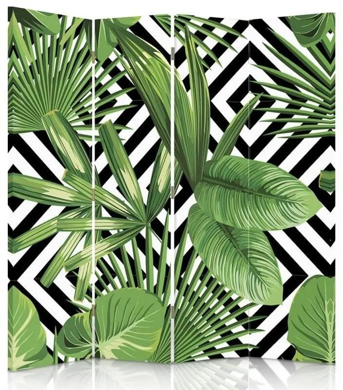 Ozdobný paraván Geometrické listy palmy zelené - 145x170 cm, čtyřdílný, obustranný paraván 360°