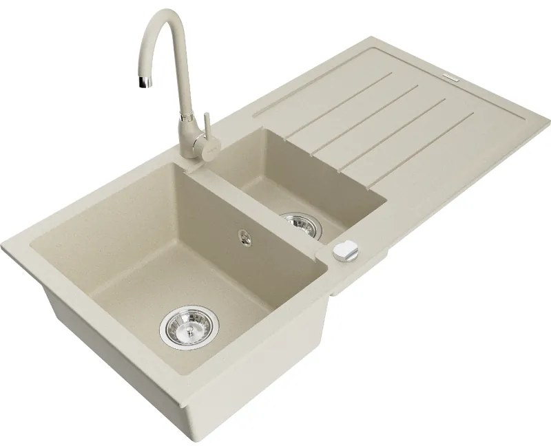 Mexen Andres 1,5-komorový granitový kuchyňský dřez s odkapávačem 100x50 cm a kuchyňská baterie Telma, béžová, 6515-69-670200-69