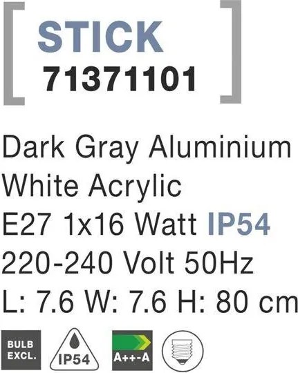 NV 71371101 Venkovní sloupkové svítidlo STICK tmavě šedý hliník bílý akryl E27 1x12W 220-240V IP54 bez žárovky - NOVA LUCE