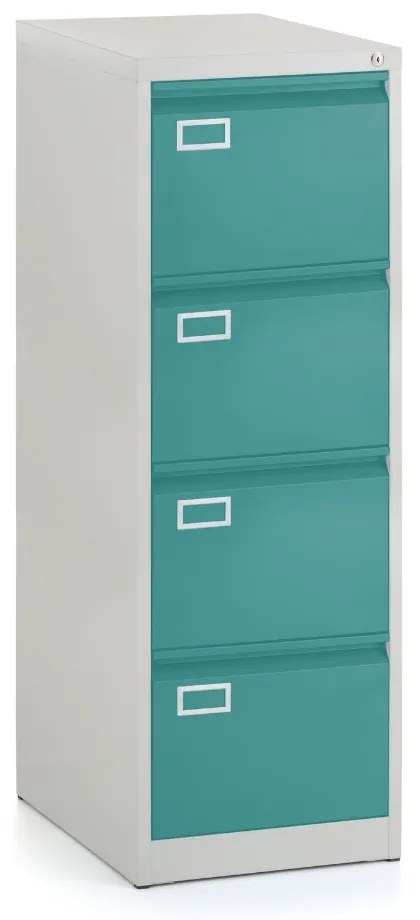 Kovová kartotéka A4 - 4 zásuvky, 45,5 x 62 x 132 cm, cylindrický zámek, zelená - ral 6033