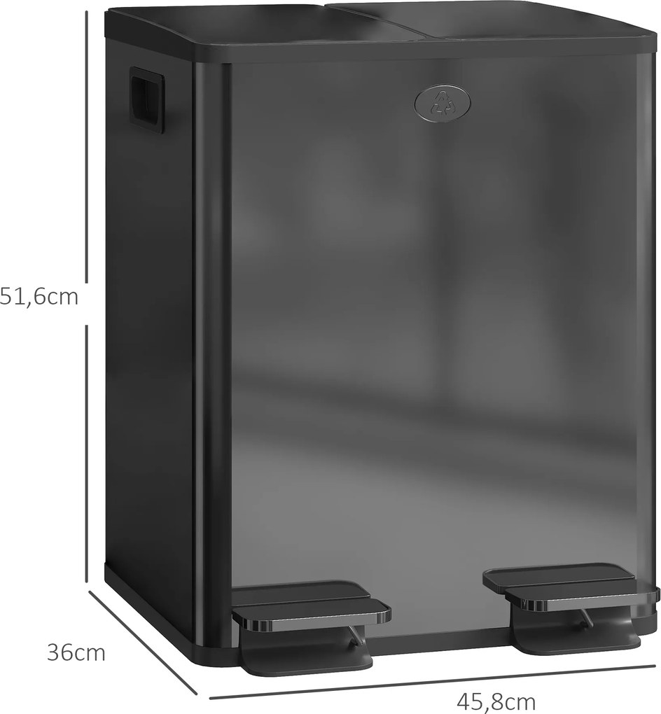 2 x 20litrové dvojité odpadkové koše, otevírání pomocí pedálu, snadné čištění, nerezová ocel, plast, černá barva