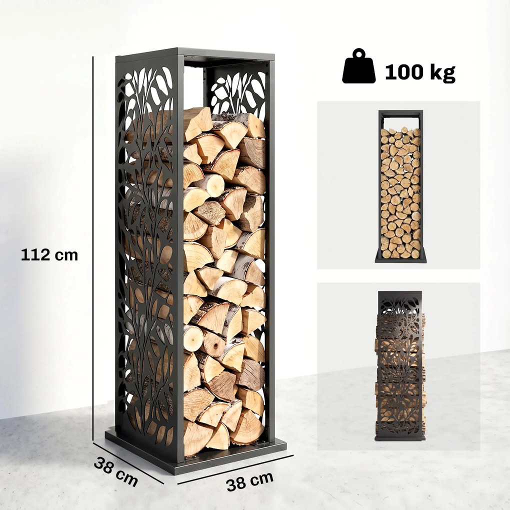 Outsunny Dřevník 38 x 112 cm, zvýšený dřevník s 4 háčky, dekorativní výřezy, nosnost až 100 kg, ocel
