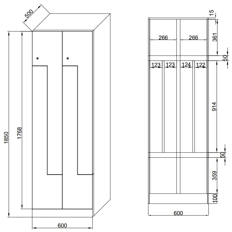 Kovová šatní skříňka Z, 4 oddíly, 1850 x 600 x 500 mm, otočný zámek, laminované dveře, buk