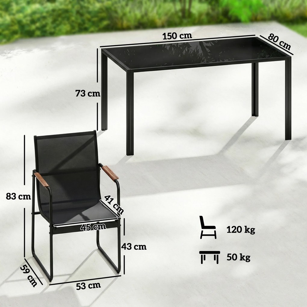 Sada zahradního nábytku Sedací souprava 150 x 80 cm Skleněný stůl se 6 prodyšnými židlemi Ozdobné područky Černá barva