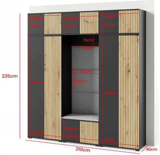 Eka Předsíňová stěna s čalouněnými panely Joey 4 - Černá a Dub Artisan / Krémová bílá 2301