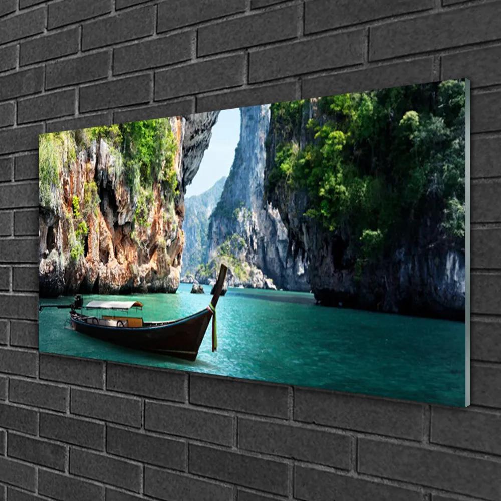 Obraz na skle Loď Jezero Skály Krajina 125x50 cm