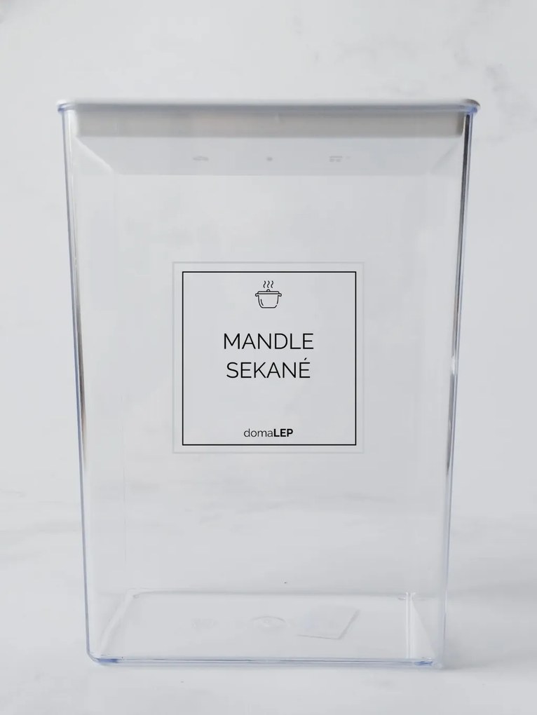 MANDLE SEKANÉ – průhledná samolepka na dózu, základní písmo, 5 x 5 cm | DomaLEP