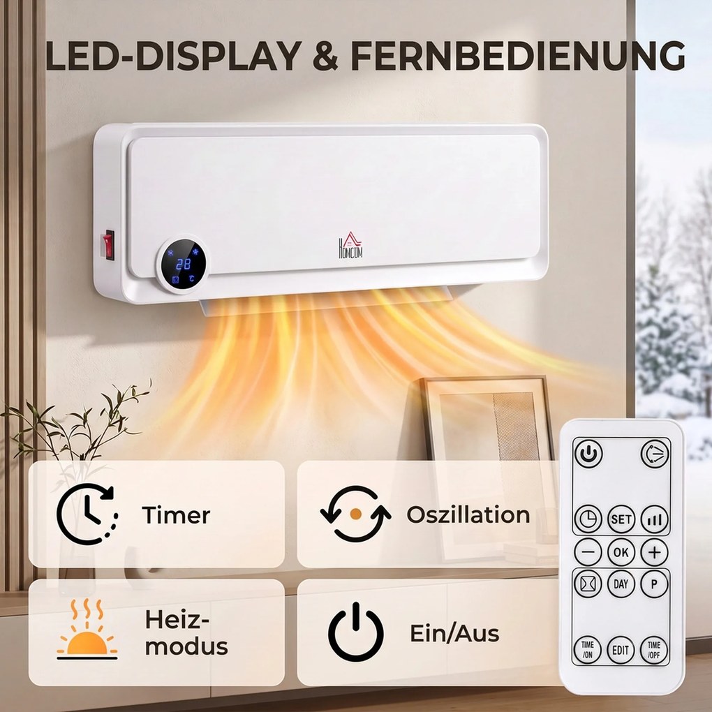 HOMCOM Topný ventilátor na stěnu 2000W s dálkovým ovládáním, 3 režimy provozu, LED displej, 12hodinový časovač 820-252V90WT