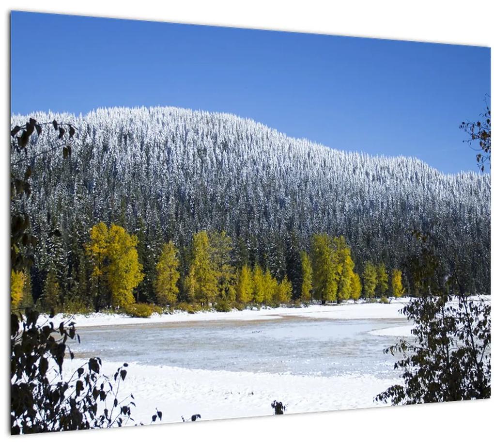 Skleněný obraz - zasněžené hory v zimě (70x50 cm)