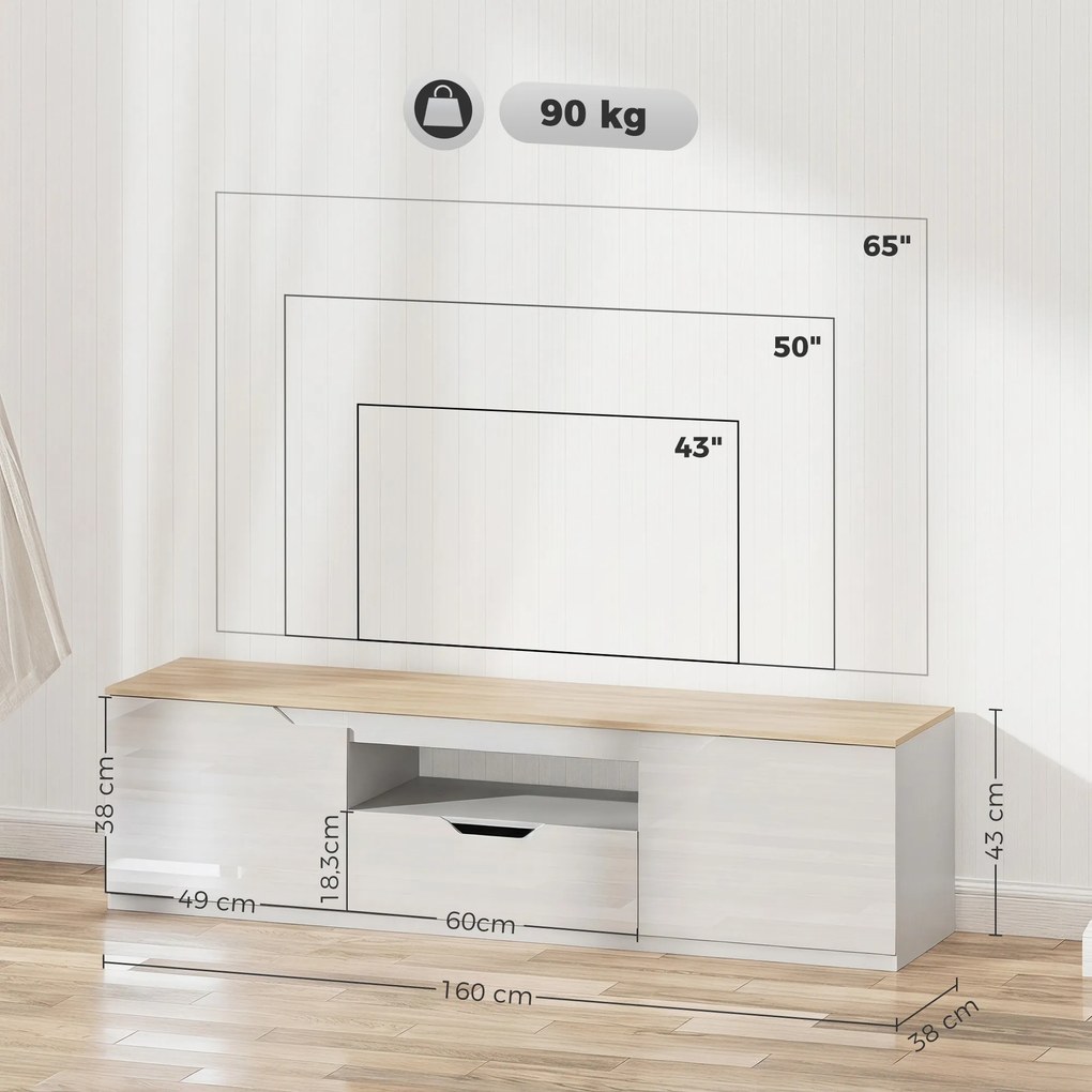 HOMCOM TV nízká komoda, vysoký lesk, pro televizi až 65'', 3 přihrádky, zásuvka, 160 x 38 x 43 cm, přírodní dřevo