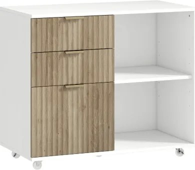 HOMCOM vozík pro tiskárnu na kolečkách, 3 zásuvky, 2 otevřené police, vlnitý design, 80x40x68 cm, bílá/dub