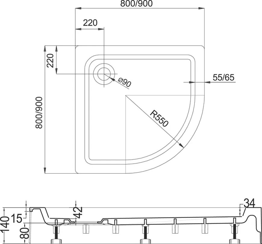 Mereo Mereo, Čtvrtkruhová sprchová vanička, R550, SMC, bílá včetně nožiček a sifonu o 90 mm., CV01H