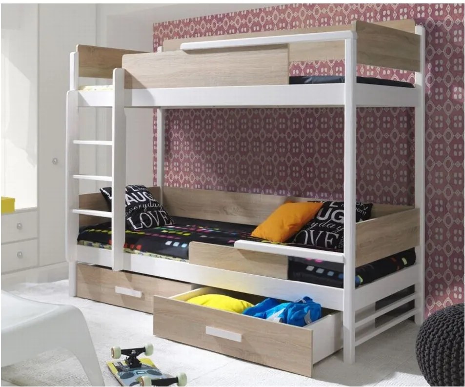 Dětská patrová postel se zábranou a úložným prostorem TEREZA, masiv borovice , Olše