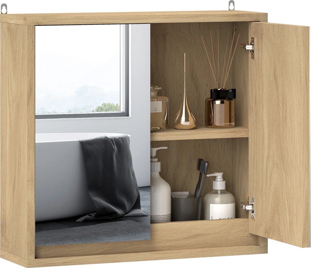 HOMCOM Koupelnová skříňka se zrcadlem, 2 dveřmi a nastavitelnou policí, závěsná koupelnová skříňka pro moderní koupelnu 48x14,5x45 cm, přirodní dřevo