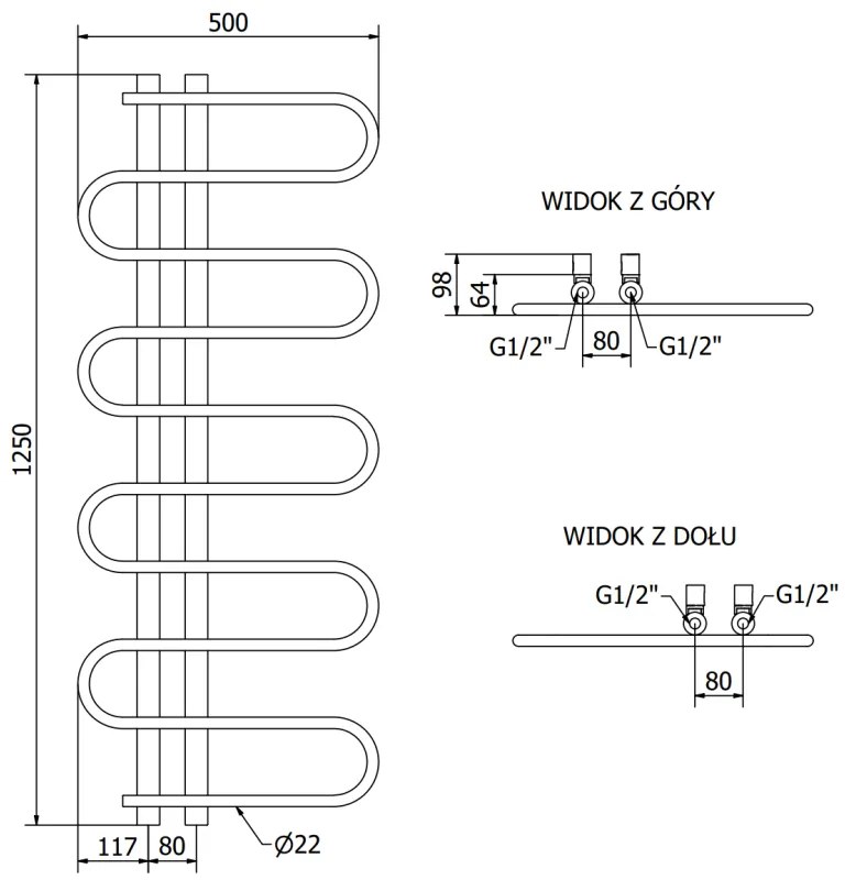 Mexen Kiso koupelnový radiátor 1250 x 500 mm, 256 W, Černá - W114-1250-500-00-70